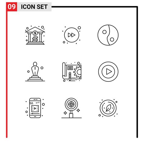 User Interface Pack Of 9 Basic Outlines Of Play Gear Cinema Pen Blue Print Editable Vector