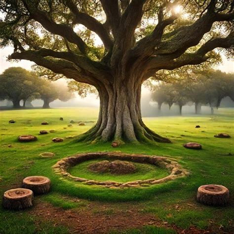 A Tree With A Circle Of Numbers And A Circle Of Roots In The Middle Of The Grass Premium AI