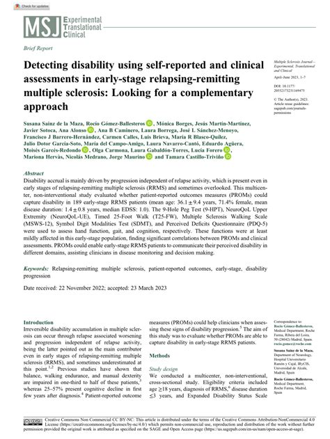 Pdf Detecting Disability Using Self Reported And Clinical Assessments In Early Stage Relapsing