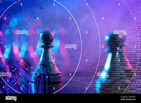 Chess Pieces On Board In Neon Lights Circuit Board Pattern And Binary Code Symbolizing