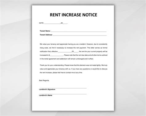 Rental Increase Notice Rental Increase Form Rental Increase Letter