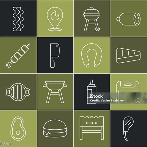 세트 라인 립 아이 스테이크 바베큐 그릴 스테이크 고기 고기 다지기 구운 Shish 케밥 베이컨 스트라이프 및 소시지 아이콘 벡터 고기에 대한 스톡 벡터 아트 및 기타