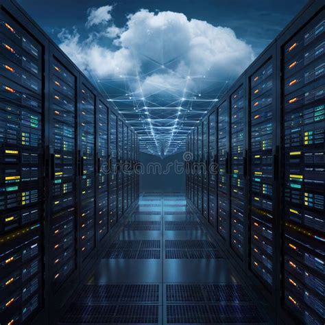 Data Center With 2 Rows Of Servers Servers Are Glowing With Lights Which Means They Are