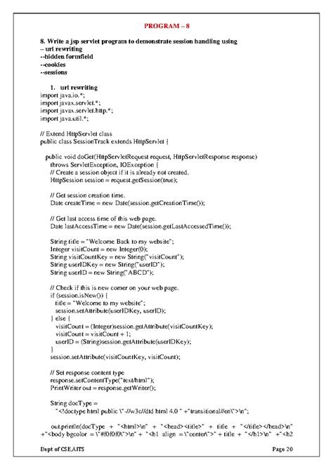 20 22 Session Handling Dept Of Cseaits Page 20 Program 8 Write A Jsp Servlet Program To