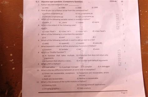 Q1 Objective Type Questions Compulsory Question 1 Python Was First Released In Year A 1991 B