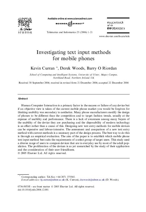 Pdf Investigating Text Input Methods For Mobile Phones