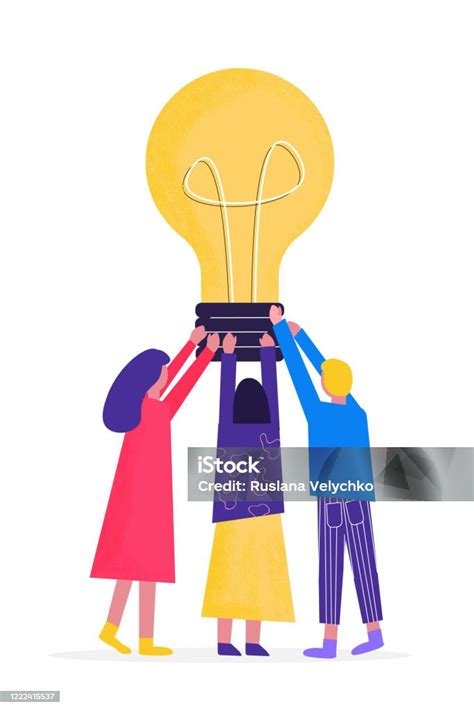 사람과 아이디어의 개념 브레인 스토밍 팀워크 큰 전구는 은유 아이디어입니다 플랫 스타일의 벡터 그림입니다 배너 웹 사이트 디자인 방문 웹 페이지 소셜 미디어에 사용할 수