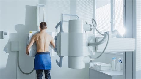 병원에서 X 선 기계 동안 벽에 남자 서 얼굴 그 스캔 골절 깨진 팔 다리 가슴 암 또는 종양에 대 한 검사 최첨단된 의료 장비와 현대 병원입니다 Stem 주제에 대한 스톡