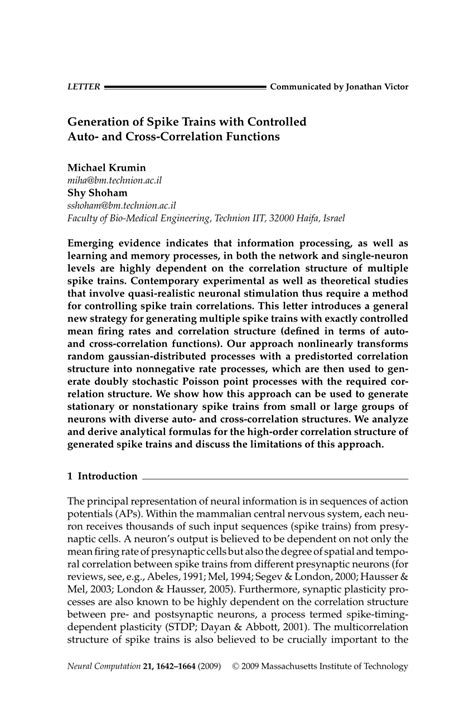 Pdf Generation Of Spike Trains With Controlled Auto And Cross Correlation Functions