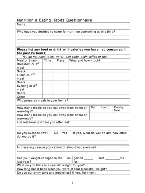 Fillable Online Nutrition And Eating Habits Questionnaire Fax Email Print