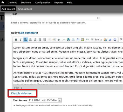 Disable Enable Rich Text Drupal Documentation For SCLS