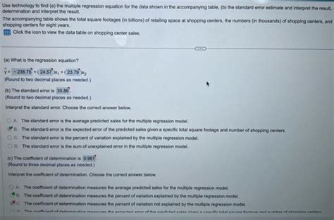 solved use technology to find a the multiple regression
