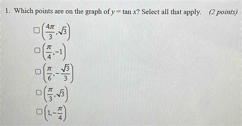 solved 1 which points are on the graph of y tan x select all that