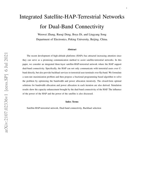 Pdf Integrated Satellite Hap Terrestrial Networks For Dual Band