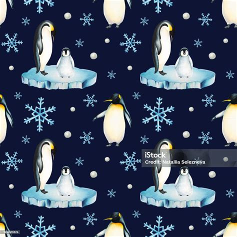 고립된 떠다니는 얼음 위에 킹 펭귄 가족이 있는 수채화 이음매 없는 패턴 현실적인 북극과 남극 해양 포유류를 손으로 그립니다 디자이너 장식 엽서 포장지 스크랩북 표지 로고