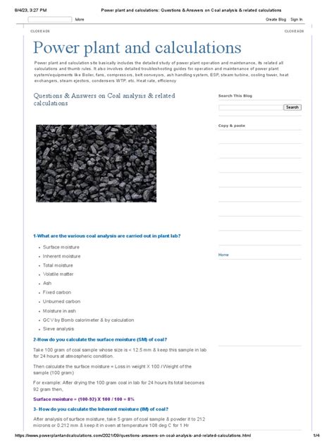 Power Plant And Calculations Questions And Answers On Coal Analysis
