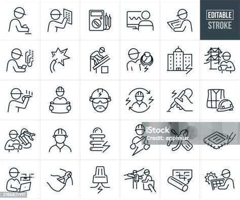 전기 공학 얇은 선 아이콘 편집 가능한 획 아이콘에는 회로 기판에서 작업하는 전자 엔지니어 작업 중인 전기 엔지니어 작업 현장의 전기 엔지니어 전기 기사 전기가 포함됩니다