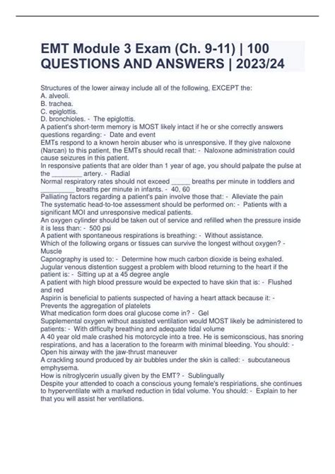 EMT Module 3 Exam Ch 9 11 100 QUESTIONS AND ANSWERS 2023 24 EMT Stuvia US