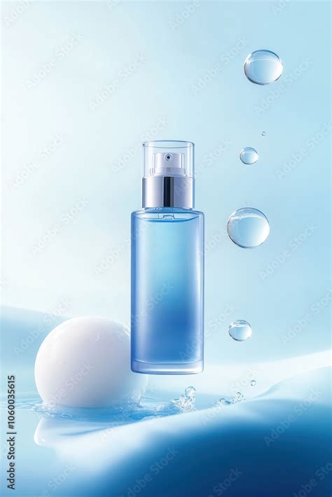 상쾌한 파란색 바탕에 물방울이 맺힌 수분 공급 페이셜 미스트 Stock Foto Adobe Stock