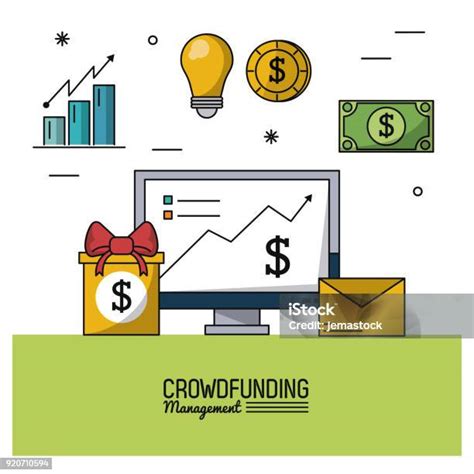 데스크톱 컴퓨터와 함께 관리 자금과 주위의 아이콘 저장 군중의 화려한 포스터 개념에 대한 스톡 벡터 아트 및 기타 이미지