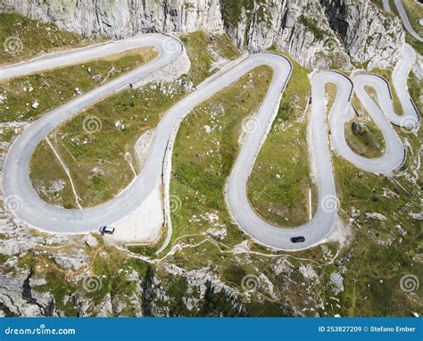 Drone View At Tremola The Old Road To Gotthard Pass In Switzerland