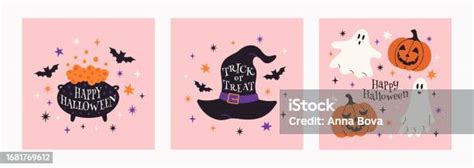 즐거운 할로윈 보내세요 할로윈 캐릭터 유령 박쥐 호박 마녀 모자 가마솥이 있는 귀여운 벡터 만화 카드 세트 광고 인사말 배너