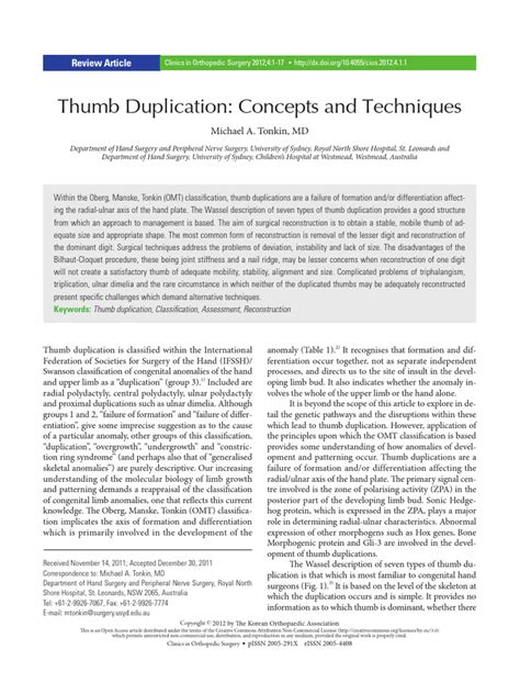 Thumb Duplication Tonkin Pdf Thumb Musculoskeletal System