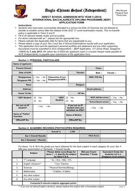 2013 Dsa Ib Application Form Sites Anglo Chinese School
