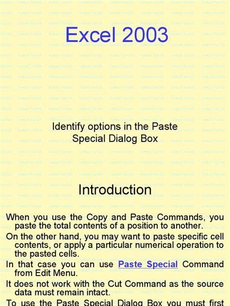 Excel 2003 Paste Special Dialog Box Pdf Microsoft Excel Menu Computing