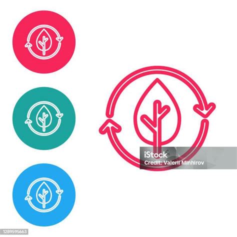빨간색 줄 흰색 배경에 격리 된 기호와 잎 아이콘을 재활용합니다 환경 재활용은 녹색으로 이동합니다 원 버튼에 아이콘을 설정합니다