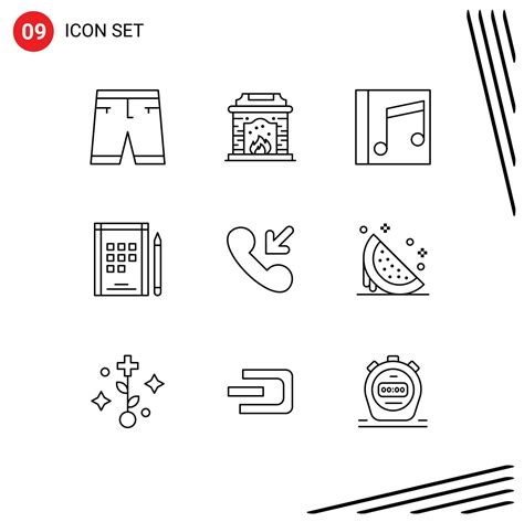 Modern Set Of 9 Outlines Pictograph Of Call Notes Album Notebook Songs Editable Vector Design