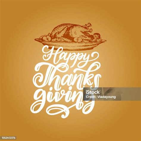 행복 한 추수 감사절 노란 배경에 글자 손입니다 벡터 일러스트 레이 션의 초대장 인사말 카드에 대 한 터키 요리 가을에 대한 스톡 벡터 아트 및 기타 이미지 Istock