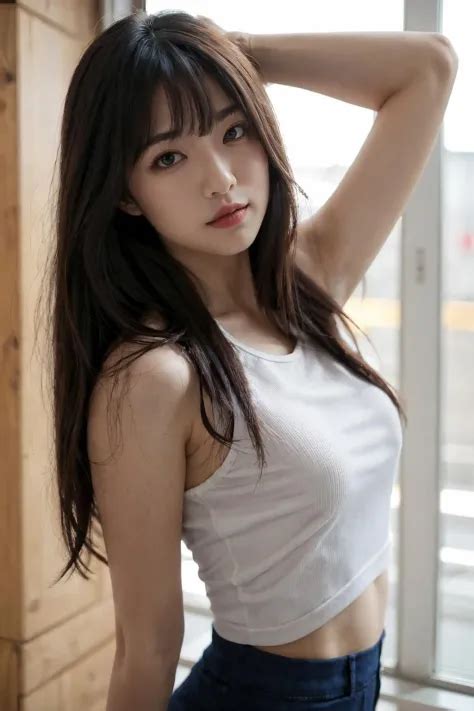흰색 상의와 청바지를 입은 여성이 사진을 찍기 위해 포즈를 취하고 있다 Seaart Ai