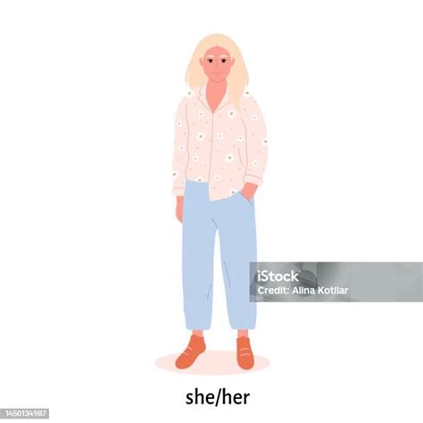 성별 대명사를 가진 젊은 캐릭터 그녀 그 그들 논바이너리 성 중립 운동 Lgbtq 커뮤니티 손으로 그린 벡터 일러스트 레이 션 Lgbtqia 문화에 대한 스톡 벡터 아트 및