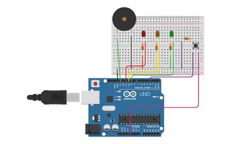 circuit design semáforo con pulsador tinkercad