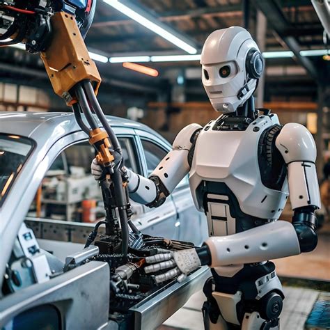 A Futuristic Robotic Arm Repairs A Car In A Modern Factory Setting Premium Ai Generated Image