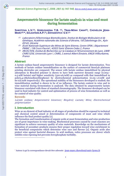 Pdf Amperometric Biosensor For Lactate Analysis In Wine And Must During Fermentation