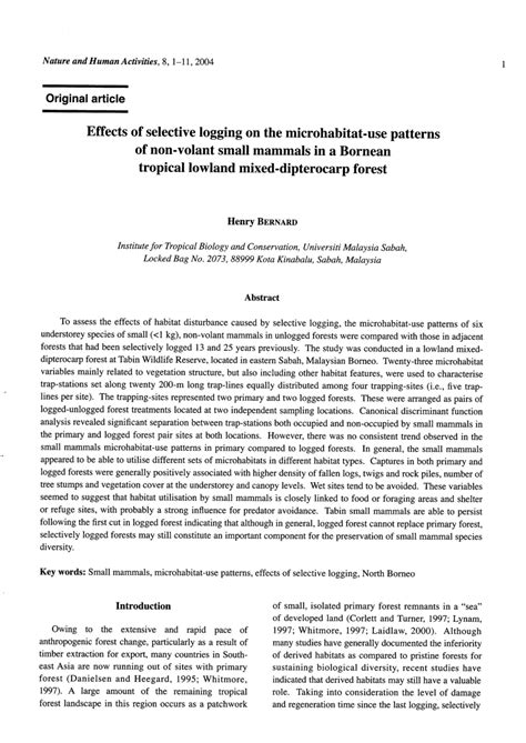 Pdf Effects Of Selective Logging On The Microhabitat Use Patterns Of Non Volant Small Mammals