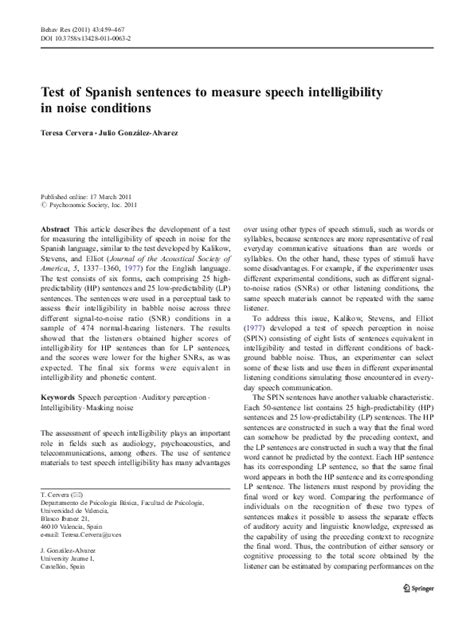 Pdf Test Of Spanish Sentences To Measure Speech Intelligibility In