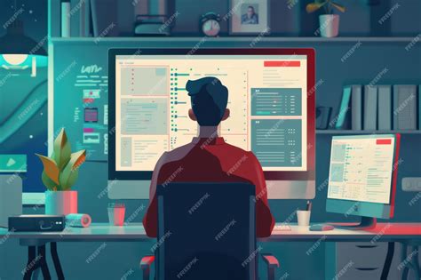 Modern Office Workspace With Programmer Working On Code At Night