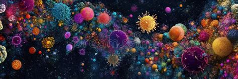 Colorful Array Of Bacteria And Microbes Floating In A Dark Environment