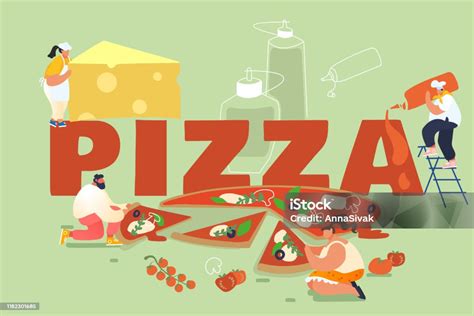 사람들이 베이킹과 거대한 피자를 먹는 남성과 여성 캐릭터는 칼로 잘라 케첩과 치즈를 넣어 맛있는 이탈리아 음식의 조각을 가져 가라 패스트 푸드 카페 비스트로 방문자 만화