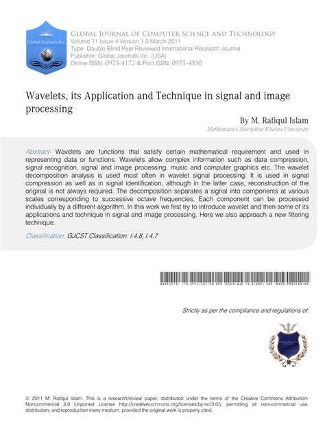 Pdf Wavelets Its Application And Technique In Signal And Image