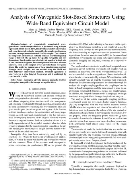 Analysis Of Waveguide Slot Based Structures Using Wide Band Equivalent Circuit Model Pdf