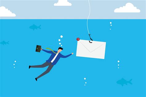 Phishing email, Avaricious entrepreneur submerging to retrieve email envelope using fishing hook ...