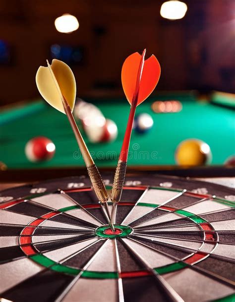 Three Darts In A Dart Board With A Pool Game In The Background Games