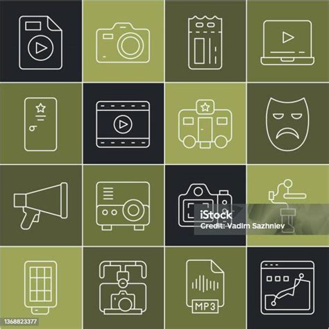 세트 라인 히스토그램 그래프 사진 카메라용 짐벌 안정기 드라마 연극 마스크 시네마 티켓 비디오 재생 무대 뒤 Avi 파일 문서 및 배우 트레일러 아이콘 벡터 가정의 방에