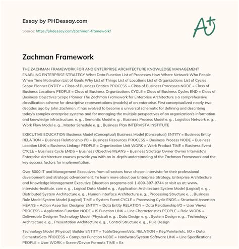 Zachman Framework Example 600 Words