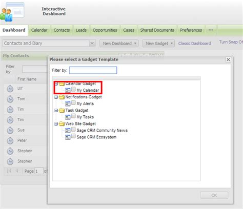 Add A Calendar Gadget To An Interactive Dashboard Sage Crm Hints