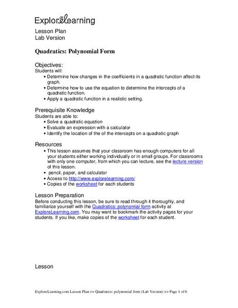Quadratics Polynomial Form Lesson Plan For 9th 12th Grade Lesson Planet